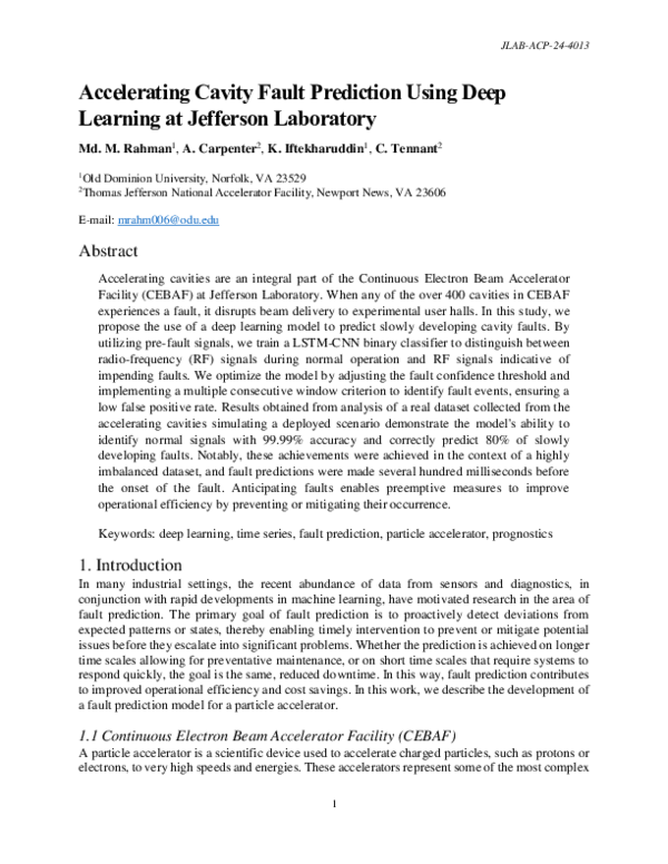 (PDF) Accelerating Cavity Fault Prediction Using Deep Learning at Jefferson Laboratory