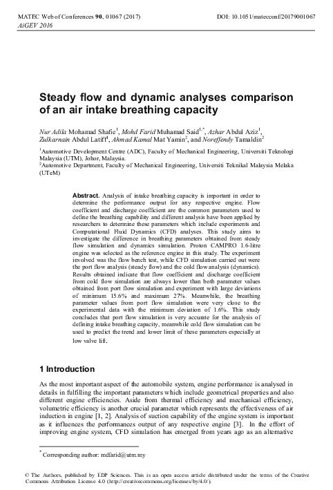 (PDF) Steady flow and dynamic analyses comparison of an air intake breathing capacity