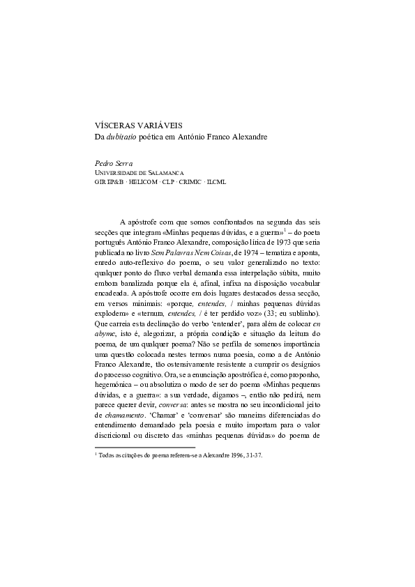 (PDF) «Vísceras variáveis. Da ‘dubitatio’ poética em António Franco ...