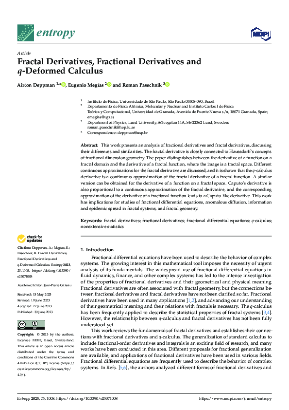Pdf Fractal Derivatives Fractional Derivatives And Q Deformed Calculus