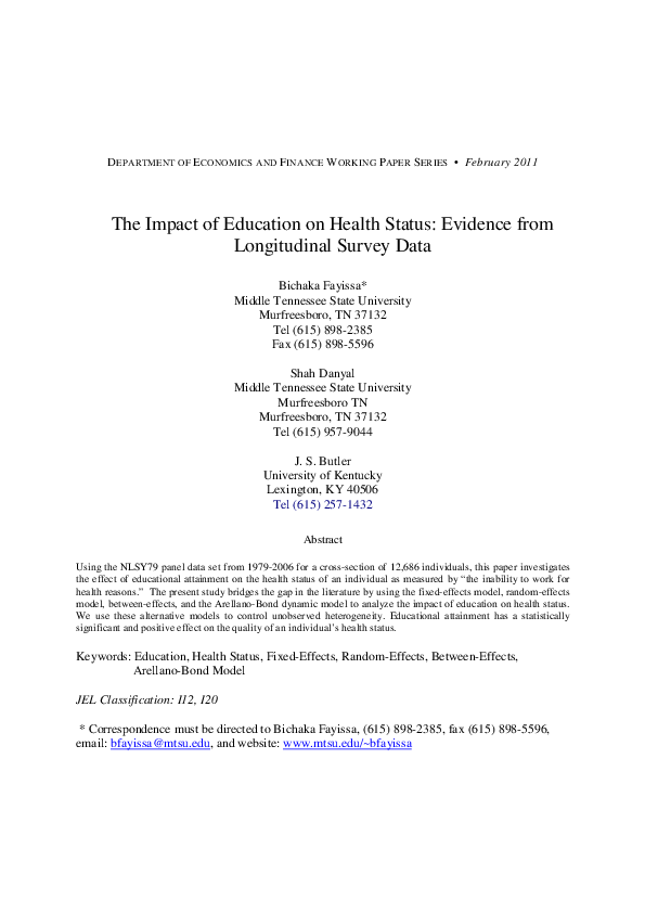 (PDF) The Impact of Education on Health Status: Evidence from Longitudinal Survey Data