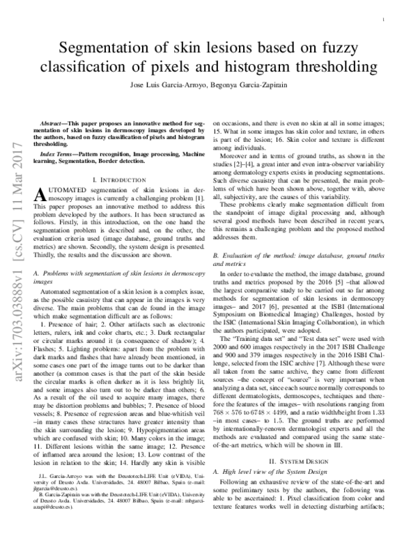 (PDF) Segmentation of skin lesions based on fuzzy classification of pixels and histogram ...