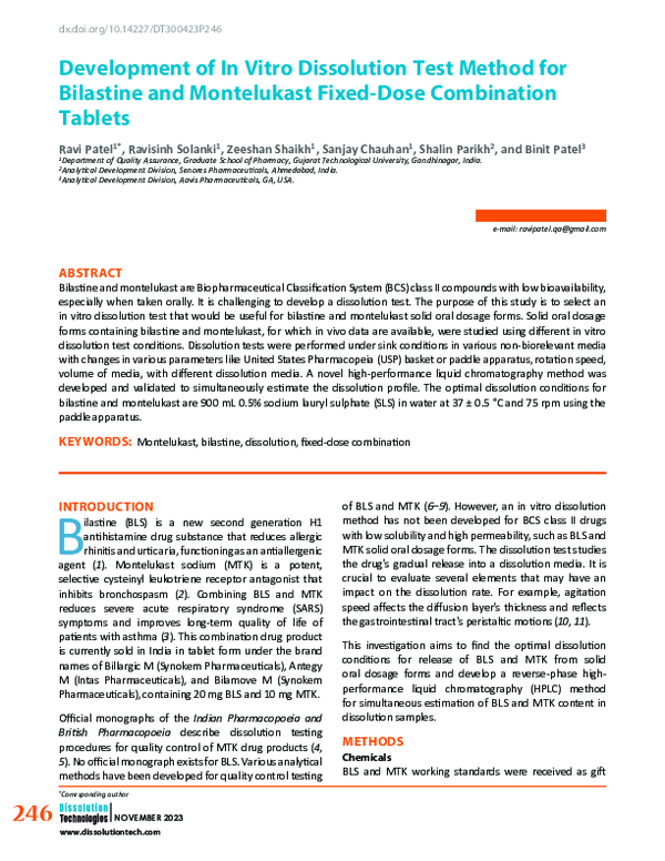 (PDF) Development of In Vitro Dissolution Test Method for Bilastine and ...