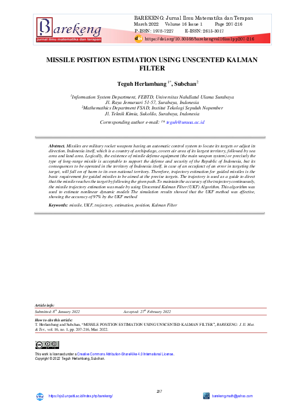 Pdf Missile Position Estimation Using Unscented Kalman Filter