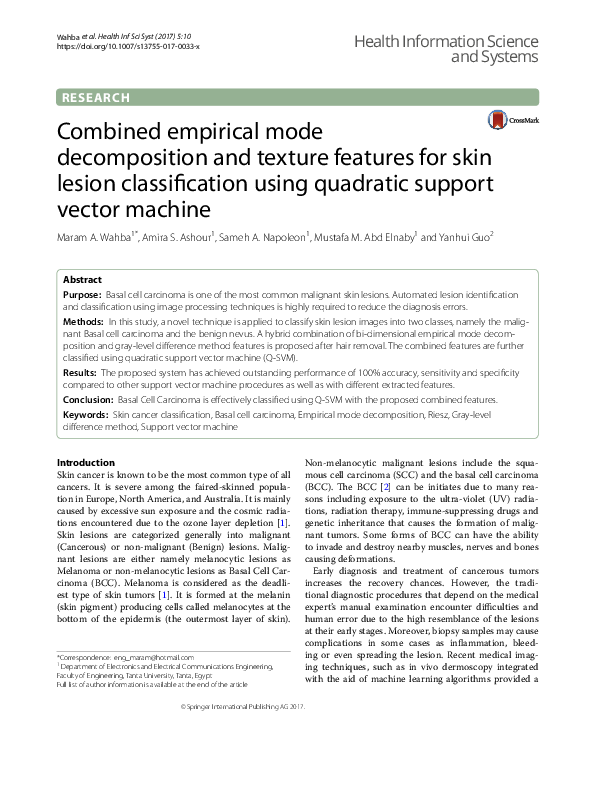 (PDF) Combined empirical mode decomposition and texture features for skin lesion classification ...