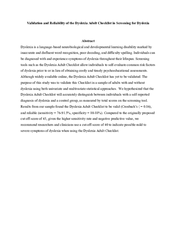 (PDF) Validation and Reliability of the Dyslexia Adult Checklist in ...