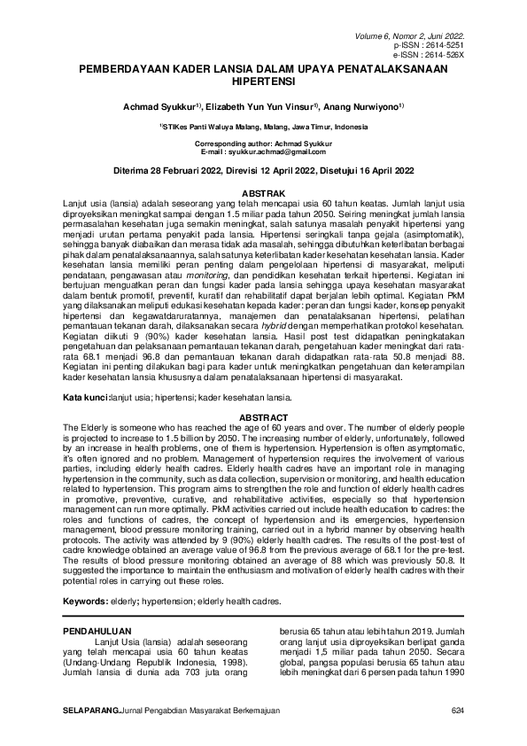 (PDF) Pemberdayaan Kader Lansia Dalam Upaya Penatalaksanaan Hipertensi