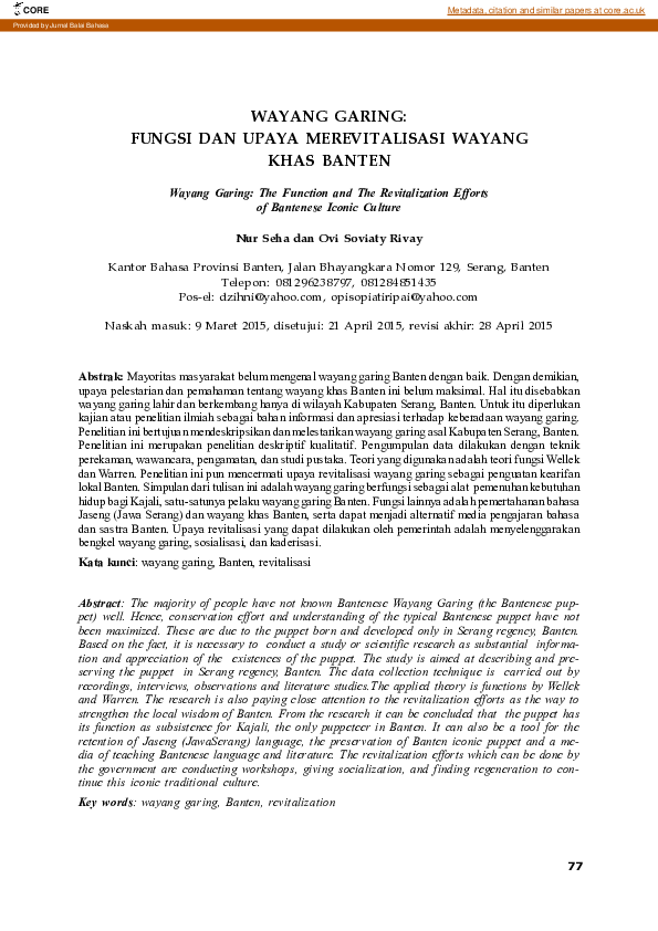 (PDF) WAYANG GARING: FUNGSI DAN UPAYA MEREVITALISASI WAYANG KHAS BANTEN ...