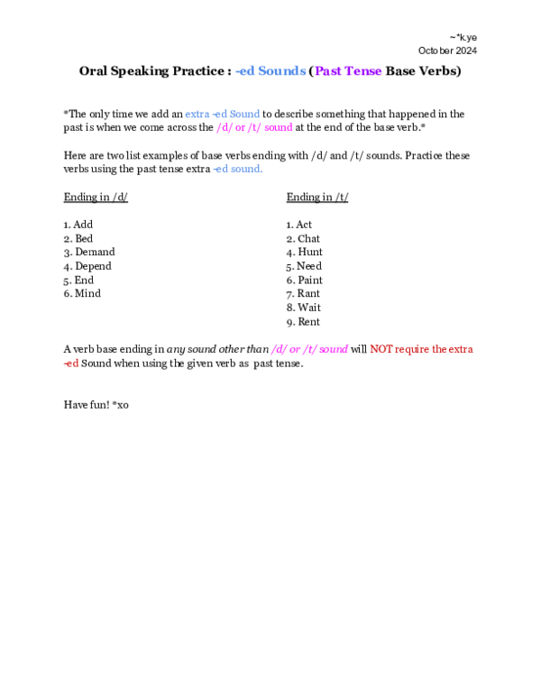 (PDF) Oral Speaking Practice : -ed Sounds (Past Tense Base Verbs)