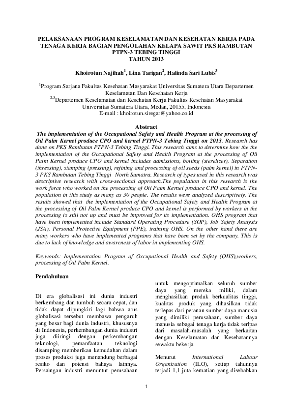 (PDF) Pelaksanaan Program Keselamatan Dan Kesehatan Kerja Pada Tenaga Kerja Bagian Pengolahan ...