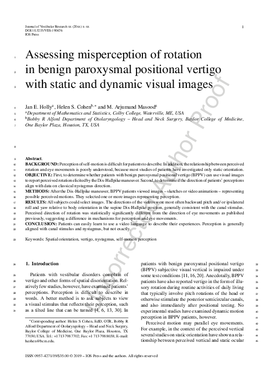 (PDF) Assessing misperception of rotation in benign paroxysmal positional vertigo with static ...