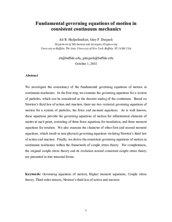 (PDF) Fundamental governing equations of motion in consistent continuum mechanics