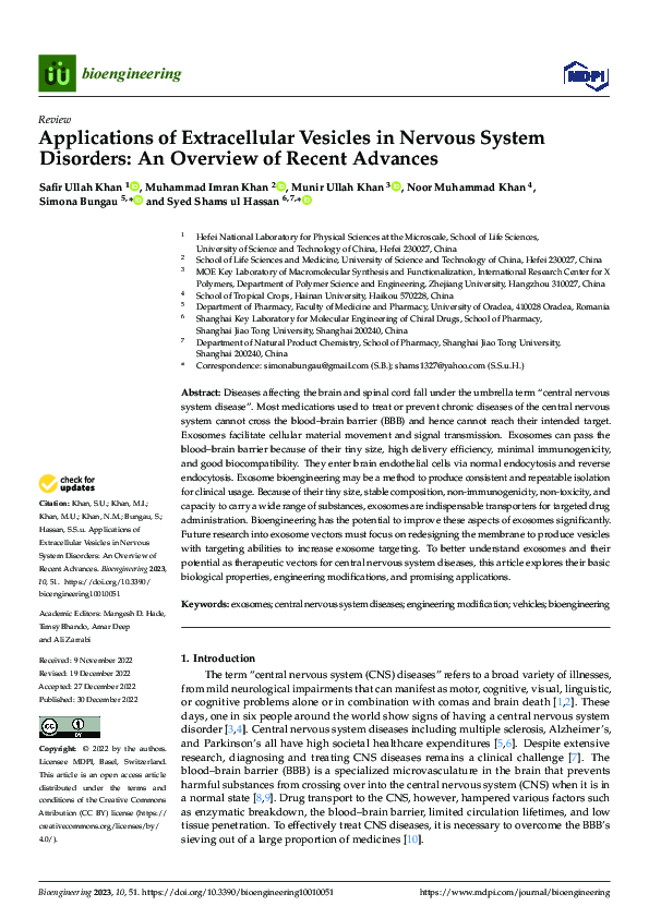 (PDF) Applications of Extracellular Vesicles in Nervous System Disorders: An Overview of Recent ...