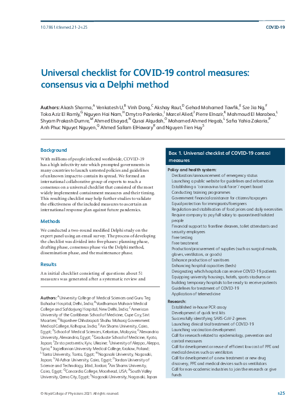 (PDF) Universal checklist for COVID-19 control measures: consensus via a Delphi method