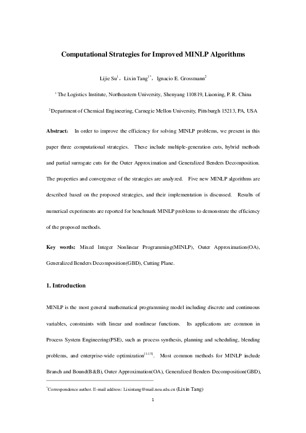 (PDF) Computational strategies for improved MINLP algorithms
