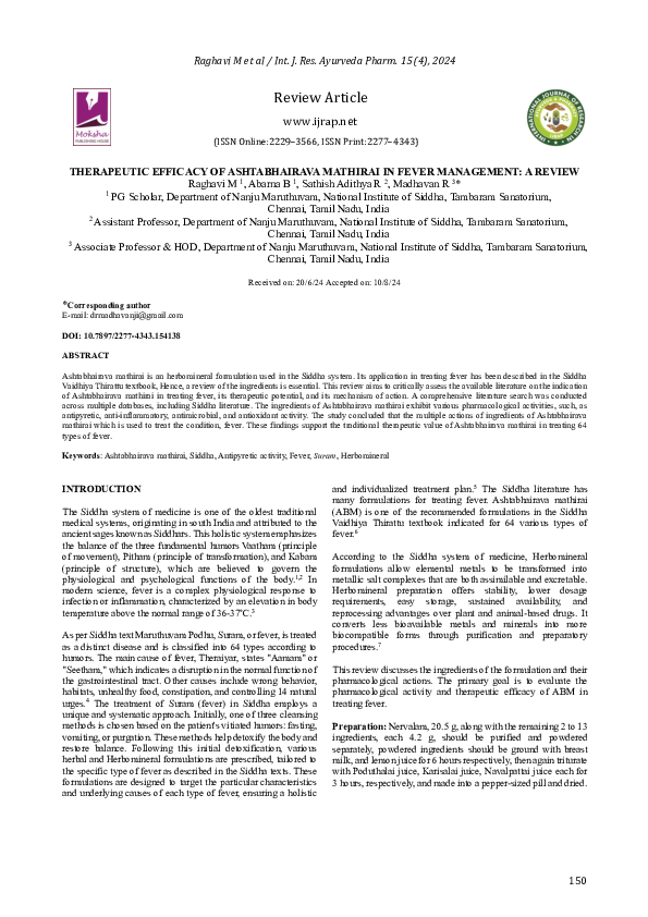 (PDF) THERAPEUTIC EFFICACY OF ASHTABHAIRAVA MATHIRAI IN FEVER ...