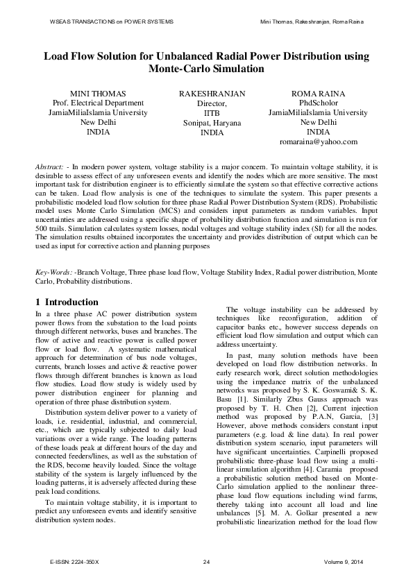 Load Flow Solution for Unbalanced Radial Power Distribution using Monte-Carlo Simulation