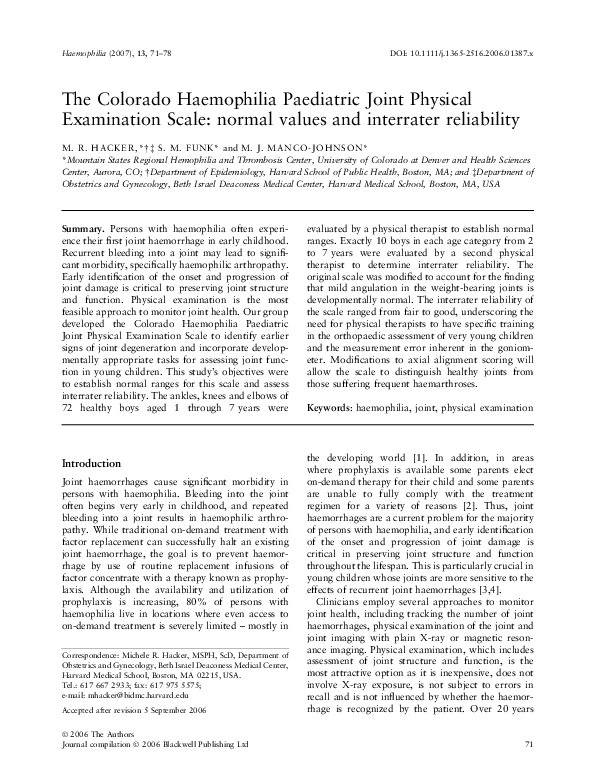 (PDF) The Colorado Haemophilia Paediatric Joint Physical Examination ...
