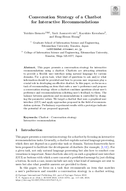 (PDF) Conversation Strategy of a Chatbot for Interactive Recommendations
