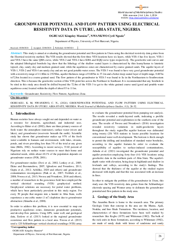 (PDF) GROUNDWATER POTENTIAL AND FLOW PATTERN USING ELECTRICAL RESISTIVITY DATA IN UTURU, ABIA ...