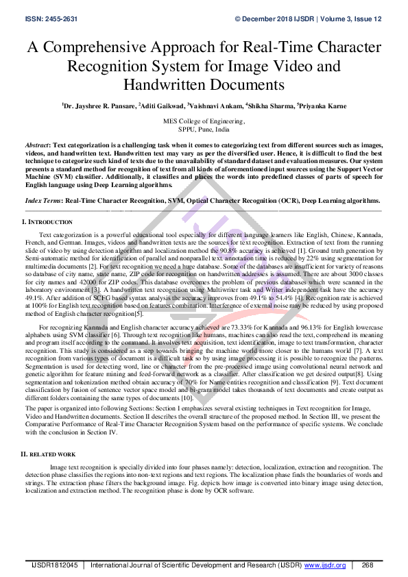 Pdf A Comprehensive Approach For Real Time Character Recognition
