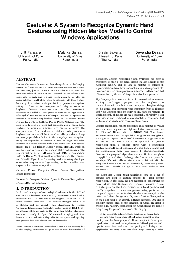 (PDF) Gestuelle: A System to Recognize Dynamic Hand Gestures using Hidden Markov Model to ...