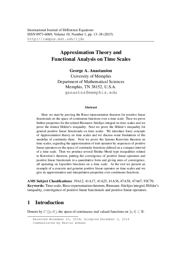 (PDF) Approximation Theory and Functional Analysis on Time Scales
