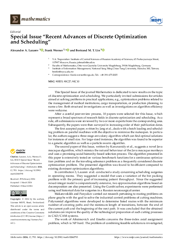 (PDF) Special Issue “Recent Advances of Discrete Optimization and Scheduling”