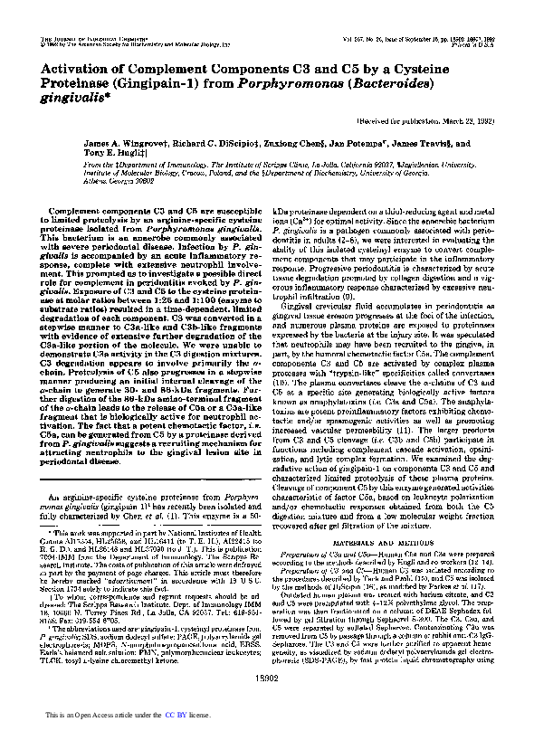 (PDF) Activation of complement components C3 and C5 by a cysteine ...