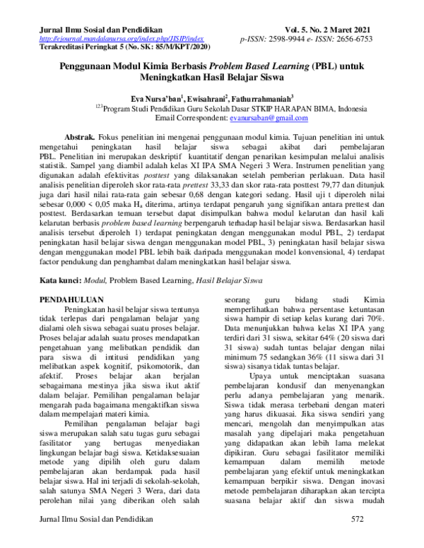 (PDF) Penggunaan Modul Kimia Berbasis Problem Based Learning (PBL) untuk Meningkatkan Hasil ...