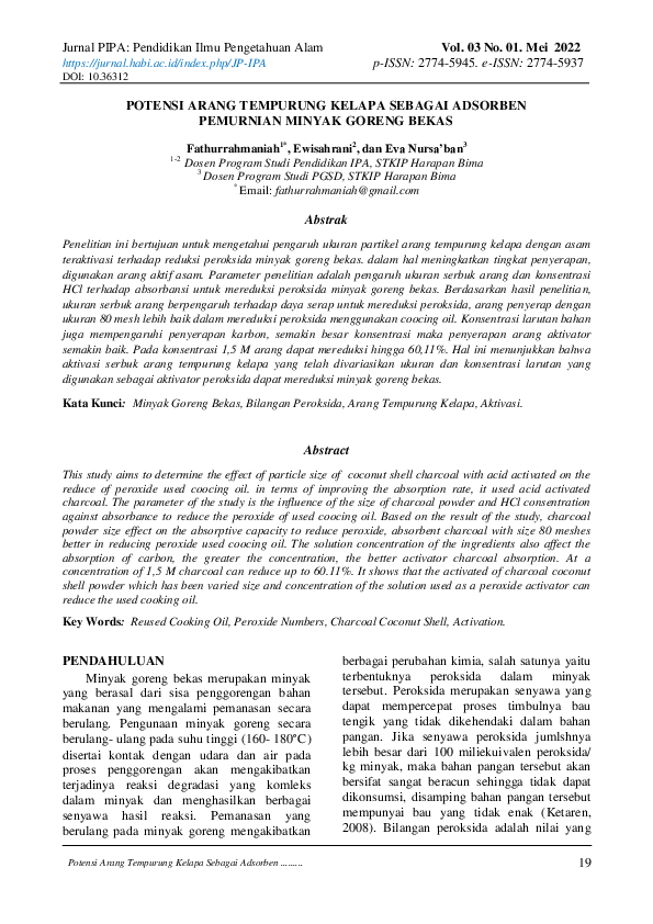 (PDF) Potensi Arang Tempurung Kelapa Sebagai Adsorben Pemurnian Minyak Goreng Bekas | Eva Nursa ...