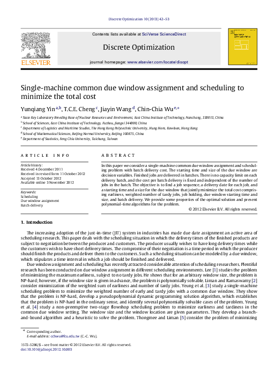 (PDF) Single-machine common due window assignment and scheduling to ...