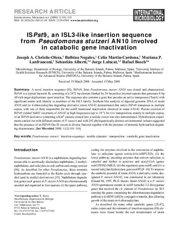 (PDF) ISPst9, an ISL3-like insertion sequence from Pseudomonas stutzeri AN10 involved in ...