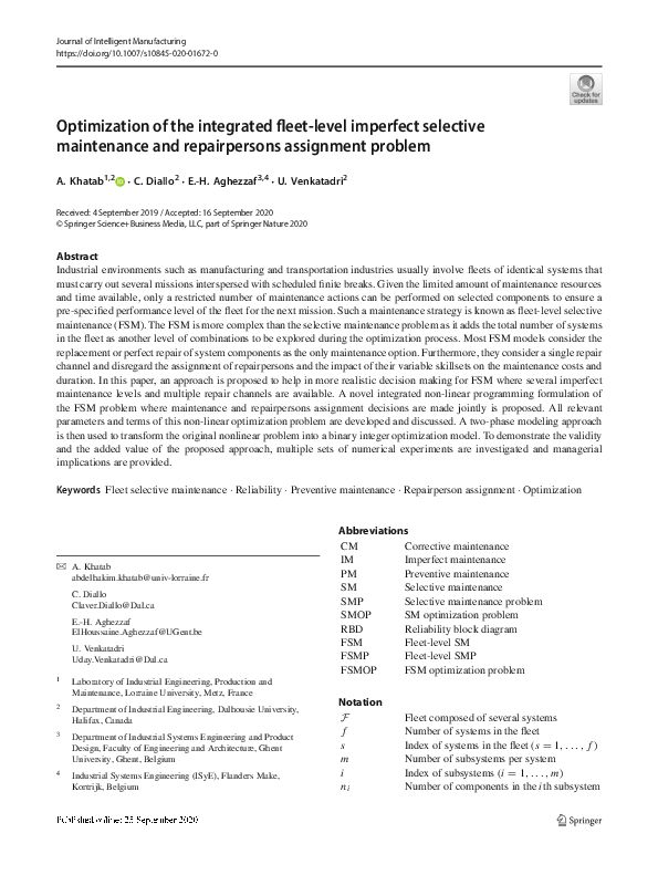 Pdf Optimization Of The Integrated Fleet Level Imperfect Selective Maintenance And