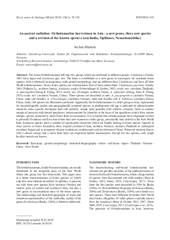 (PDF) An ancient radiation: Ortholasmatine harvestmen in Asia - a new ...