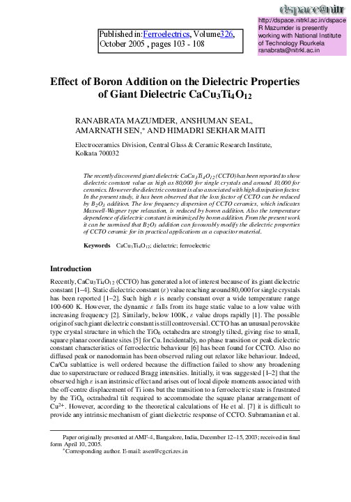 (PDF) Effect of Boron Addition on the Dielectric Properties of Giant Dielectric CaCu 3 Ti 4 O 12