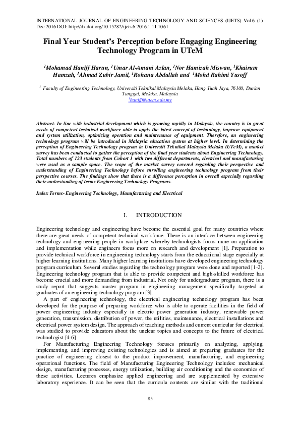 (PDF) Final Year Student’s Perception before Engaging Engineering ...