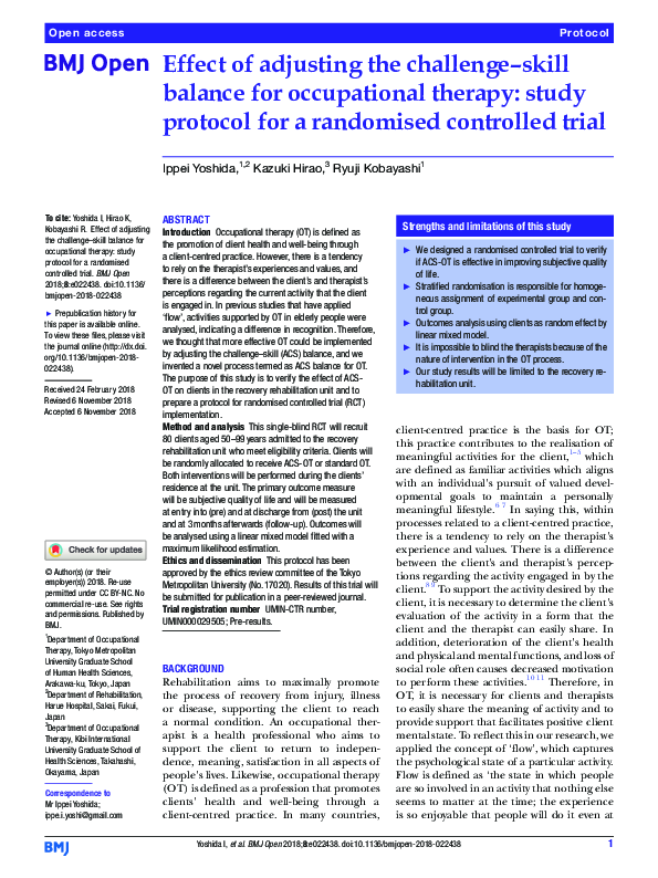 (PDF) Effect of adjusting the challenge–skill balance for occupational therapy: study protocol ...