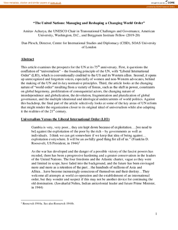 (PDF) The United Nations: Managing and Re-shaping a New World Order