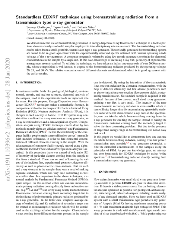 (PDF) Standardless EDXRF technique using bremsstrahlung radiation from a transmission type x-ray ...