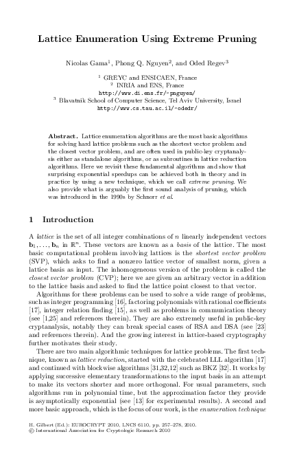 (PDF) Lattice Enumeration Using Extreme Pruning