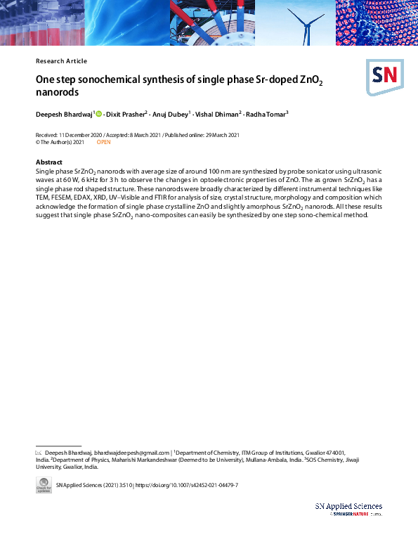 (PDF) One step sonochemical synthesis of single phase Sr-doped ZnO2 nanorods