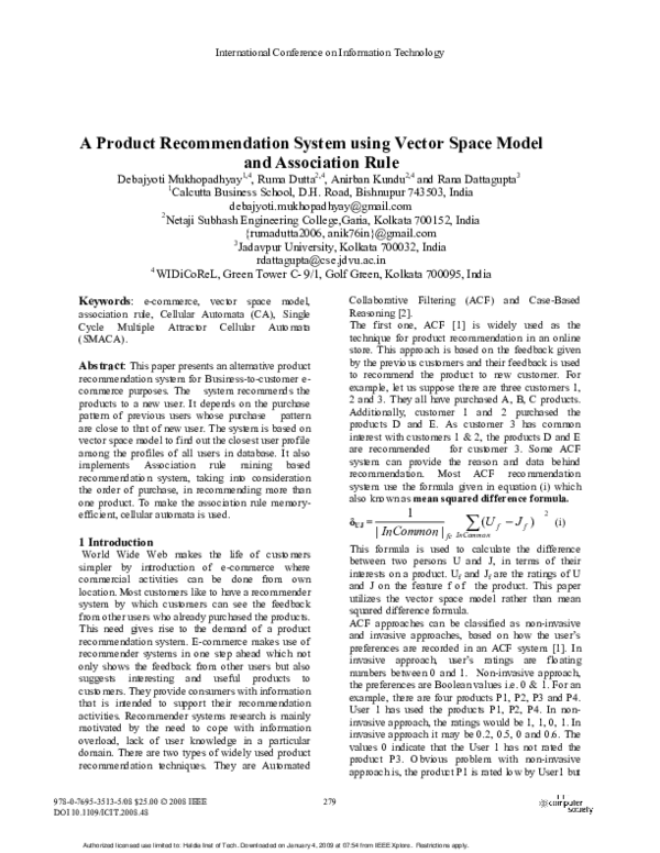 (PDF) A Product Recommendation System Using Vector Space Model and Association Rule