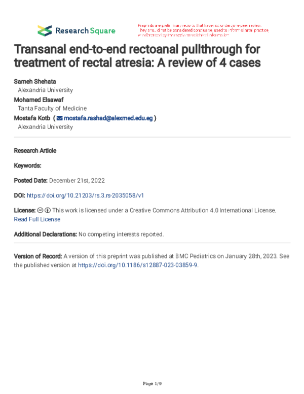 (PDF) Transanal end-to-end rectoanal pullthrough for treatment of ...