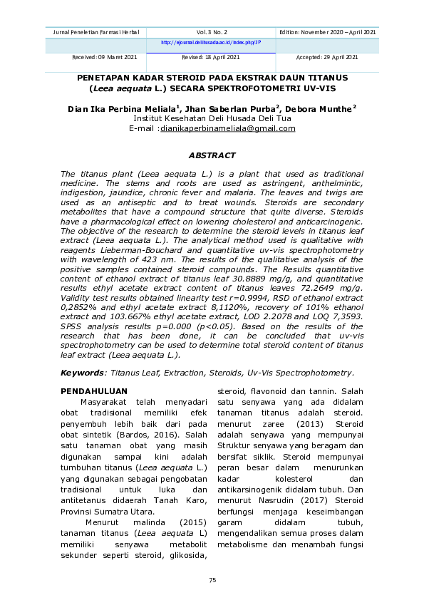(PDF) PENETAPAN KADAR STEROID PADA EKSTRAK DAUN TITANUS (Leea aequata L.) SECARA ...
