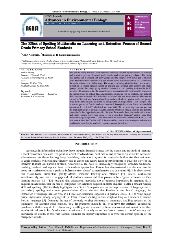 (PDF) The Effect of Spelling Multimedia on Learning and Retention ...