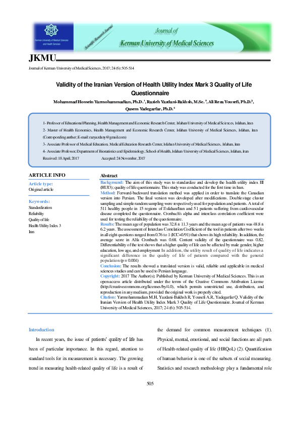 (PDF) Validity of the Iranian Version of Health Utility Index Mark 3 ...