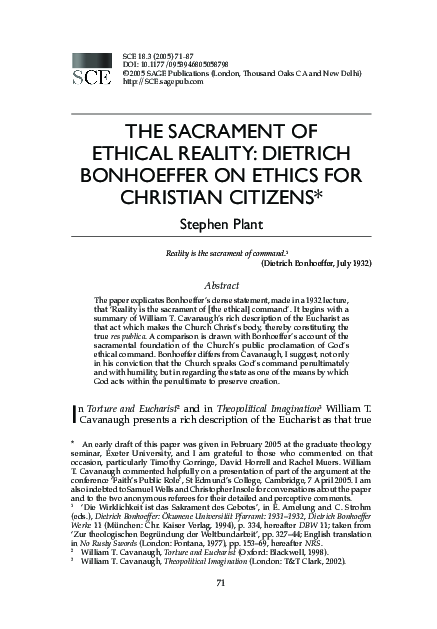 (PDF) The Sacrament of Ethical Reality: Dietrich Bonhoeffer on Ethics ...