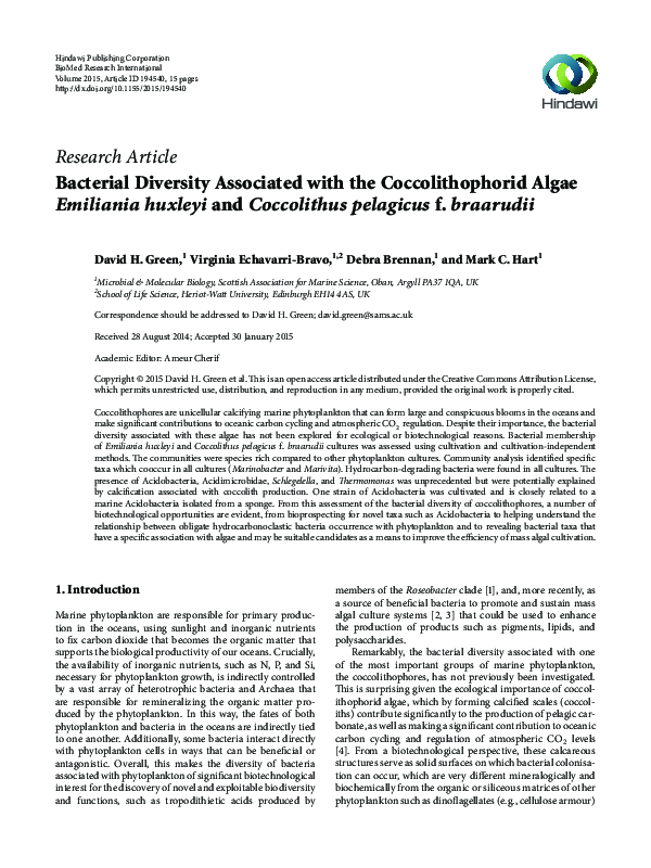 (PDF) Bacterial Diversity Associated with the Coccolithophorid Algae ...