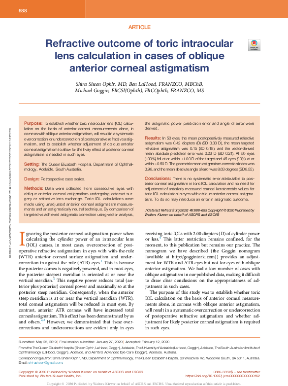 (PDF) Refractive outcome of toric intraocular lens calculation in cases of oblique anterior ...